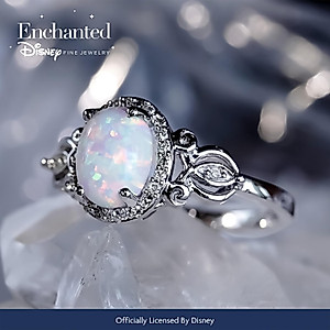 Jewelili Enchanted Disney Fine Jewelry Sterling Silver 8X6 MM Created Opal and 1/10 Cttw Natural White Round Diamond Cinderella Ring, Size 9
