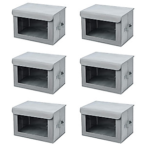 DIMJ Closet Bins with Lid, Collapsible Storage Bins with Window, Linen Closet Organizers and Storage Baskets with Handles, Fabric Storage Bins for Closet Shelves,Light Grey Medium 6 Packs