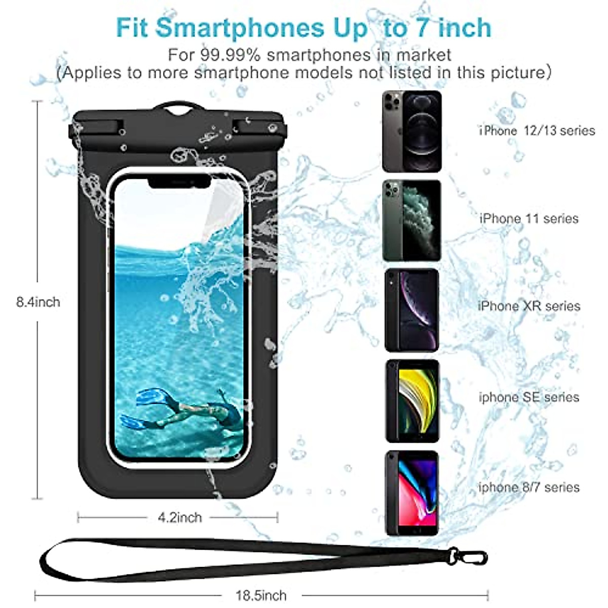 Janmitta Universal Extra-Large Waterproof Pouch,Underwater Dry Bag for iPhone X/XR/XS Max,iPhone 14 13 12 Pro Max and Other Smart Phones Up to 7.0",IPX8 Waterproof Phone Case,2 Packs+2 lanyards
