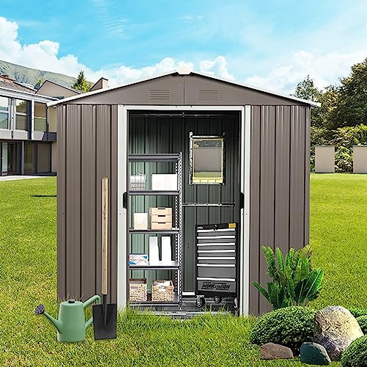 Outdoor Storage Shed 8 x 4 FT, Waterproof Galvanized Steel Storage House, All Weather Metal Shed with Lockable Door, Tool Shed Outdoor Storage for Garden, Patio, Backyard, Lawn (Brown)