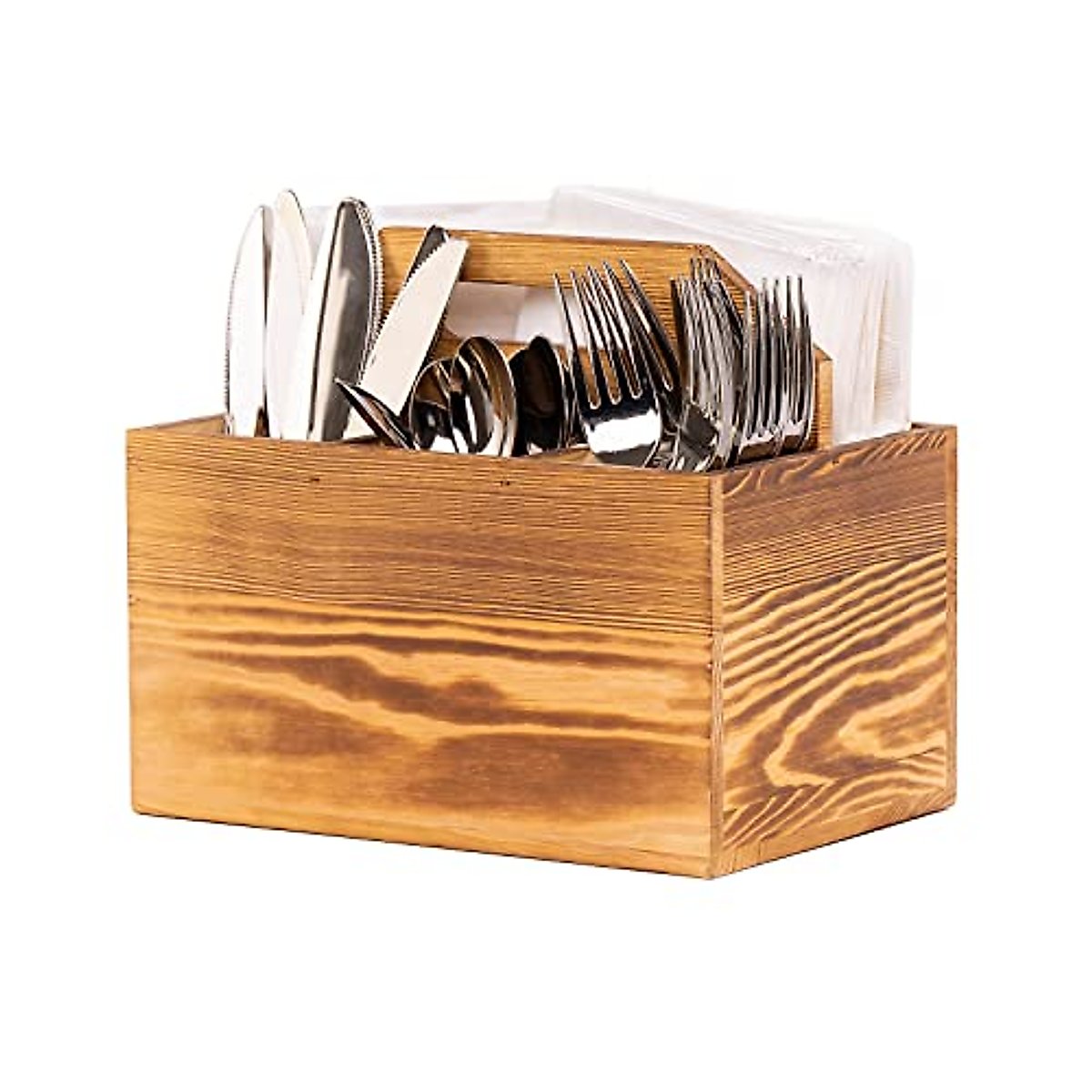 Utensil and Napkin Holder Flatware Caddy with Handle in Rustic Wood for Forks, Spoons and Knives, Silverware Organizer