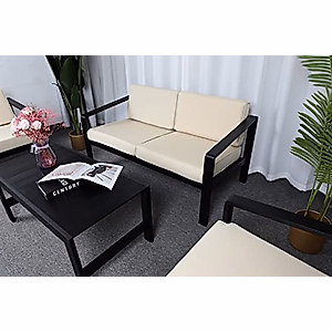 Double Armchair, Modern Design Outdoor Patio Furniture with Cushions in Stripe,Aluminum Fram, Backyard Porch Poolside Lawn with Coffee Table(Beige)