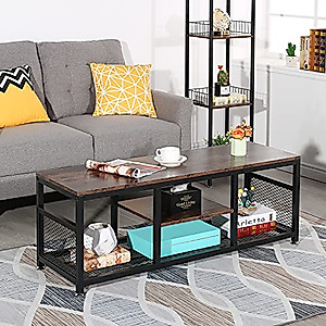 VECELO 47" Coffee Table with Storage Shelf for Living Room Industrial Wood and Metal Frame Easy Assembly Brown