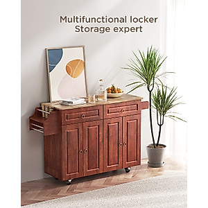 Qsun Kitchen Island with Drop Leaf Countertop, Wood Kitchen Island Cart on Lockable Wheels with Two Large Drawers and Two Large Storage Cabinet with Double Doors, Brown