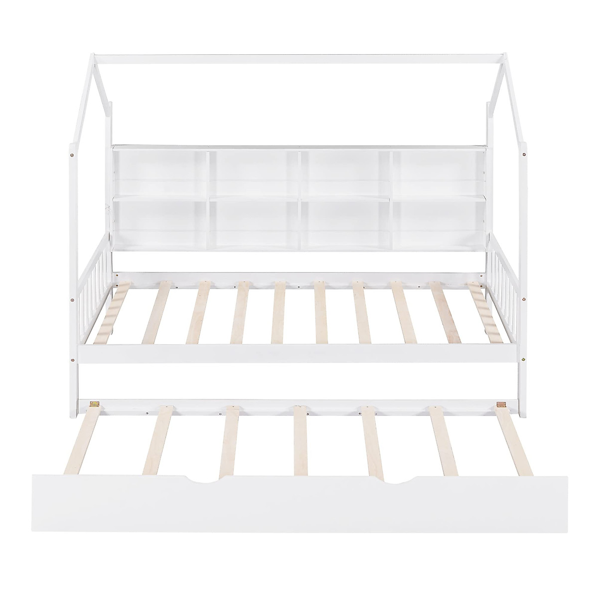 Merax Wood Twin Montessori Daybed with Trundle and Book Shelf, Low Sofa Day Bed for Boys Girls,No Box Spring Needed White