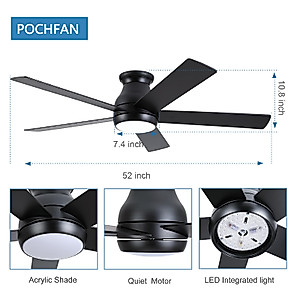 POCHFAN 52 Inch Black Ceiling Fans with Lights and Remote, LED Low Profile Flush Mount Ceiling Fan for Bedroom, Living Room, with Quiet DC Motor, Dimmable 6 Speeds