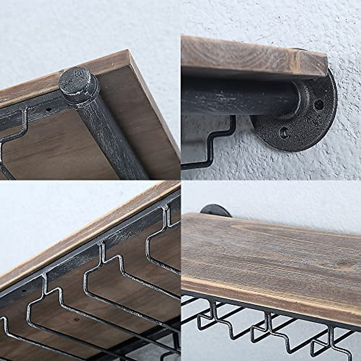 Industrial Pipe Shelving Hanging Stemware Racks,Rustic Wall Mounted Wine Rack with 8 Glass Holder,36in Steampunk Iron Floating Bar Shelves,Metal Real Wood Shelf Wall Shelf Stemware Holder