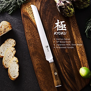 KYOKU Daimyo Series 7" Nakiri Knife + 10'' Bread Knife - Japanese 440C Stainless Steel - Rosewood Handle