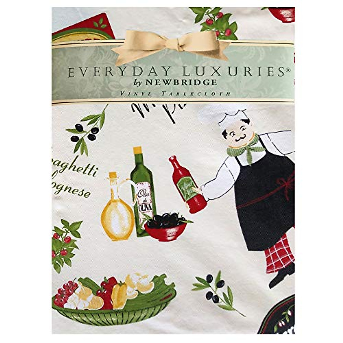 Newbridge Italian Bistro Chef Vinyl Flannel Backed Tablecloth – Novelty Chef Indoor/Outdoor Picnic, BBQ and Dining Tablecloth - 60” x 120” Oblong/Rectangle