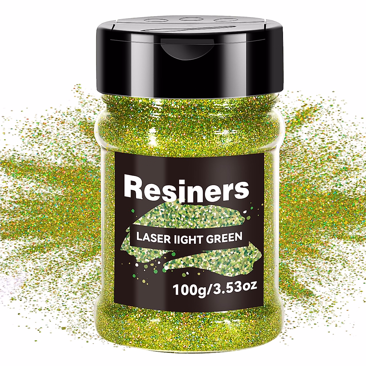 Resiners Holographic Ultra Fine Glitter Powder - 3.53oz/100g, 1/128" Metallic Epoxy Resin Glitter Sequins Flakes for Tumblers,Slime, Nails, Paint, Art Crafts - Laser Light Green