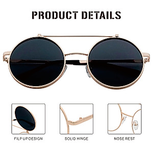 J&L Glasses Retro Flip-Up Round Goggles Steampunk Sunglasses (Golden,Black, Clear)
