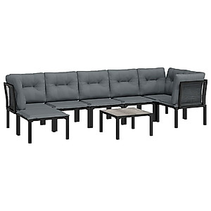 vidaXL Patio Lounge Set 8 Piece, Outdoor Patio Furniture with Coffee Table, Conversation Set with Footstool, Modern Style, Black and Gray Poly Rattan