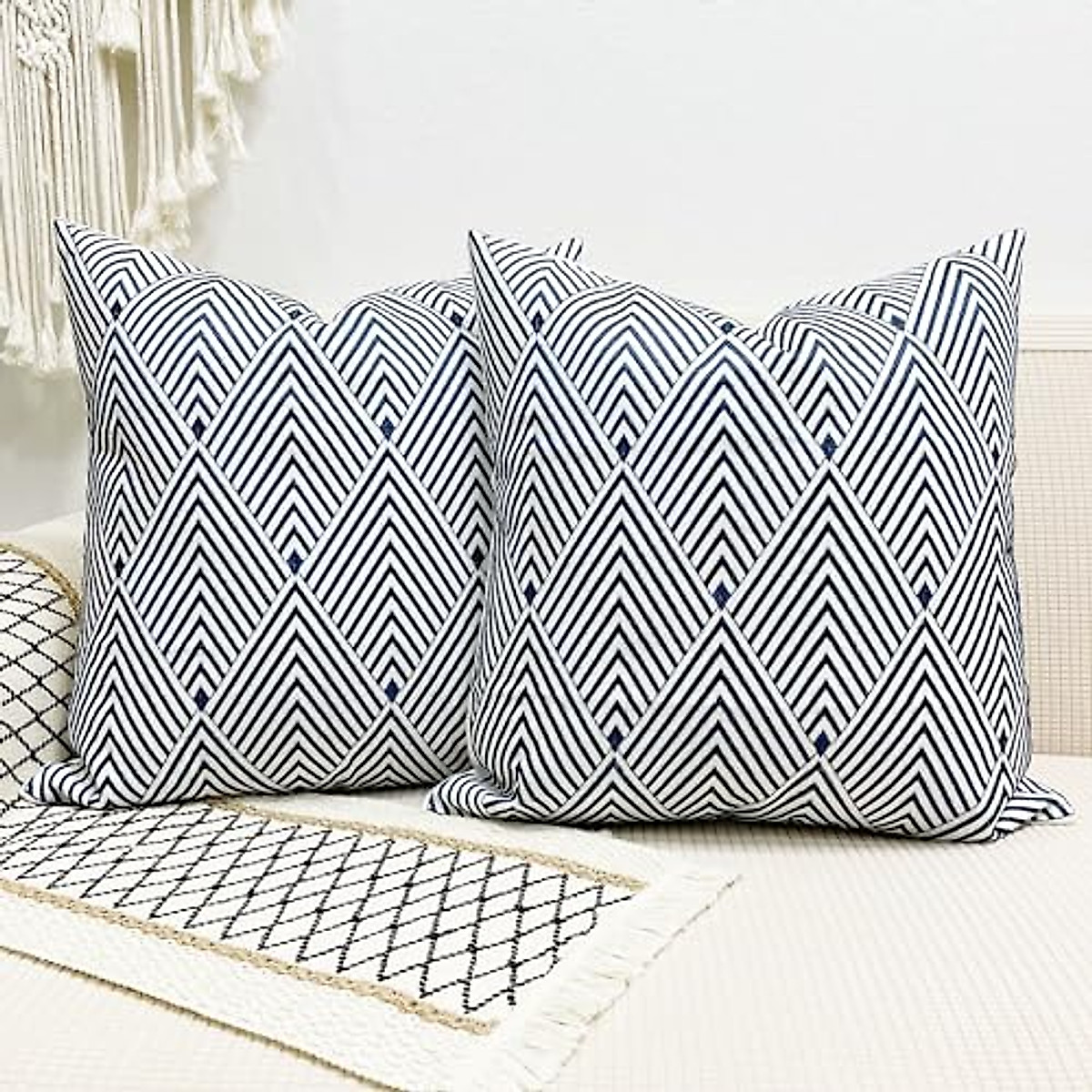 Slow Cow Pack of 2 Embroidery Throw Pillow Covers, Geometric Diamonds Navy Decorative Throw Pillow Cases for Sofa 18 x18 Inches