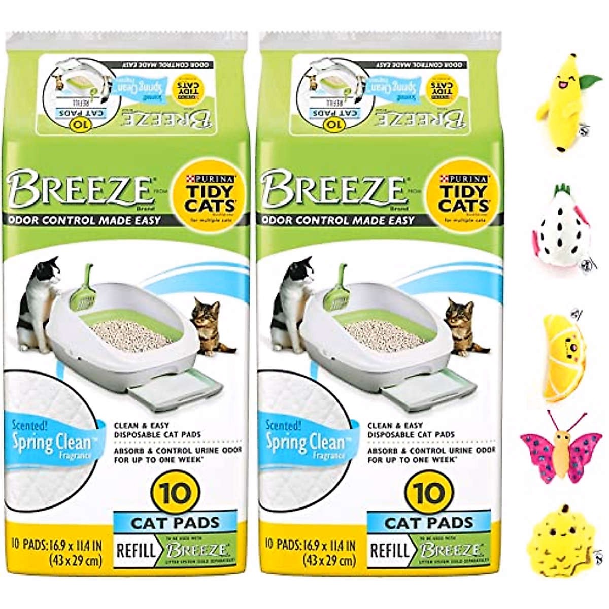 Tidy Cats Breeze Spring Clean Cat Pads Refill Pack (2) 10 Count Pouches with AuroraPet Catnip Toy (Assorted)