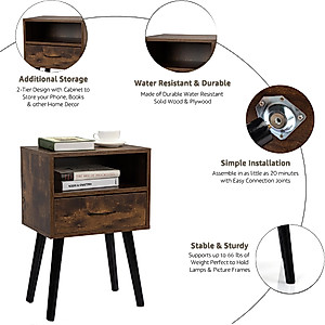 Set of 2 Nightstands,Mid Century End Side Bedside Table with Storage Drawer/Solid Wood Legs/Storage Shelf,Modern Night Stands for Bedroom Living Room Furniture,Rustic Brown