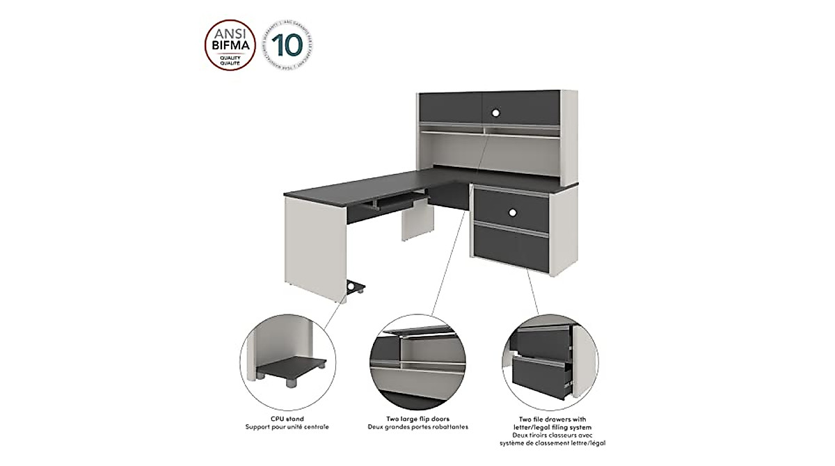 Bestar Connexion L-Shaped Desk with Hutch & File Cabinet