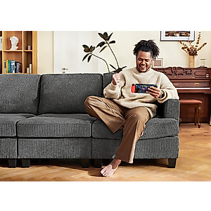 Nolany Corduroy Sectional Couch with Storage Ottoman, U Shape Sectional Sofa with Storage Chaise, Modular Sectional Couches for Living Room, Dark Grey