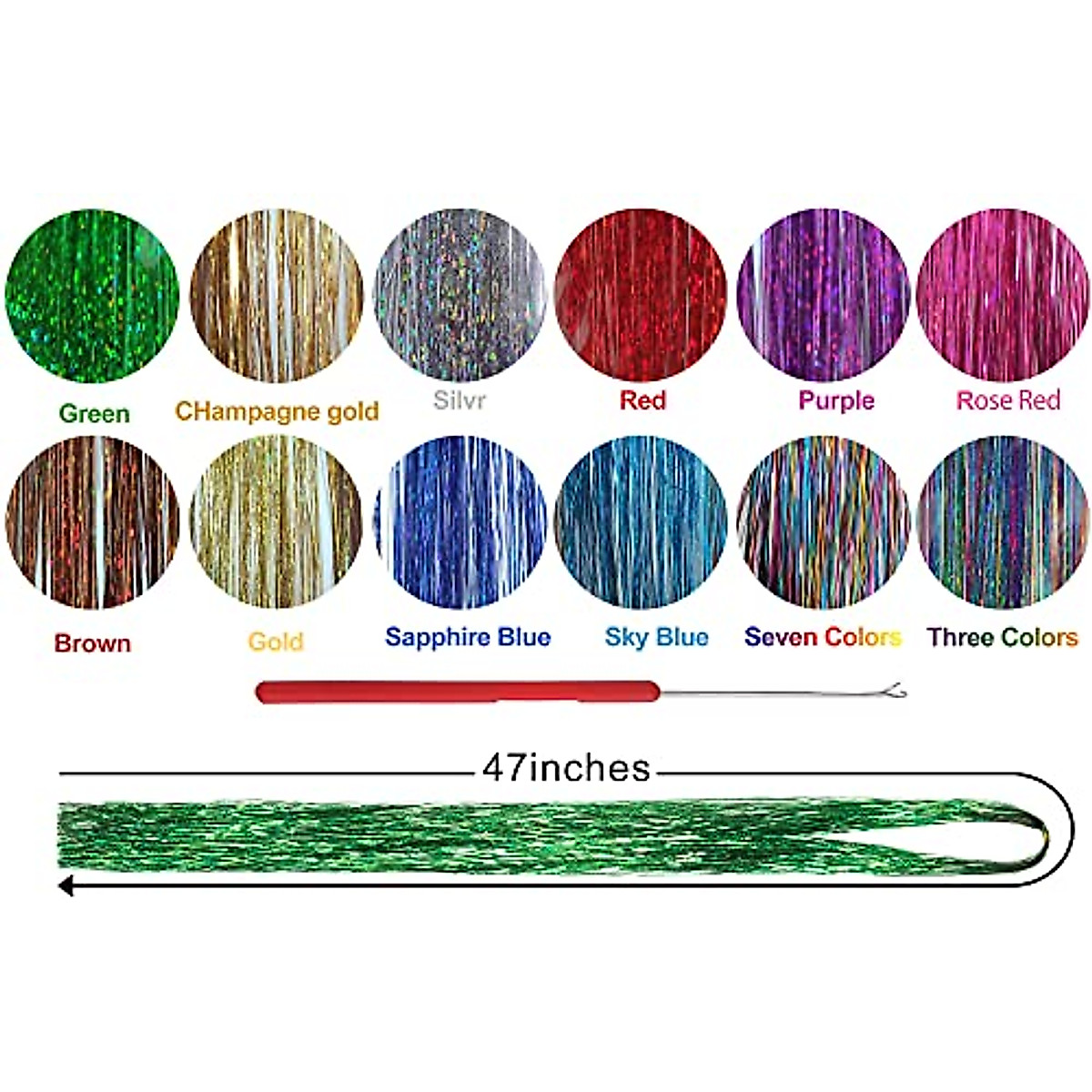 47 Inch 12 Colors Hair Tinsel 2400 Strands With Tool Sparkling Dazzle Glitter Shiny Hair Extensions Hair Tinsel Kit