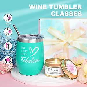 Happy Birthday Gifts for Women - "Not A Day Over Fabulous" 12oz Blue-Green Stainless Steel Tumbler with A Straw - Perfect for Drink Coffee on Home