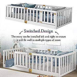 Tatub Twin Floor Bed with Safety Guardrails and Door, Montessori Floor Bed for Kids, Wood Kids Floor Beds Frame, Door Can Install Left and Right, Twin-White