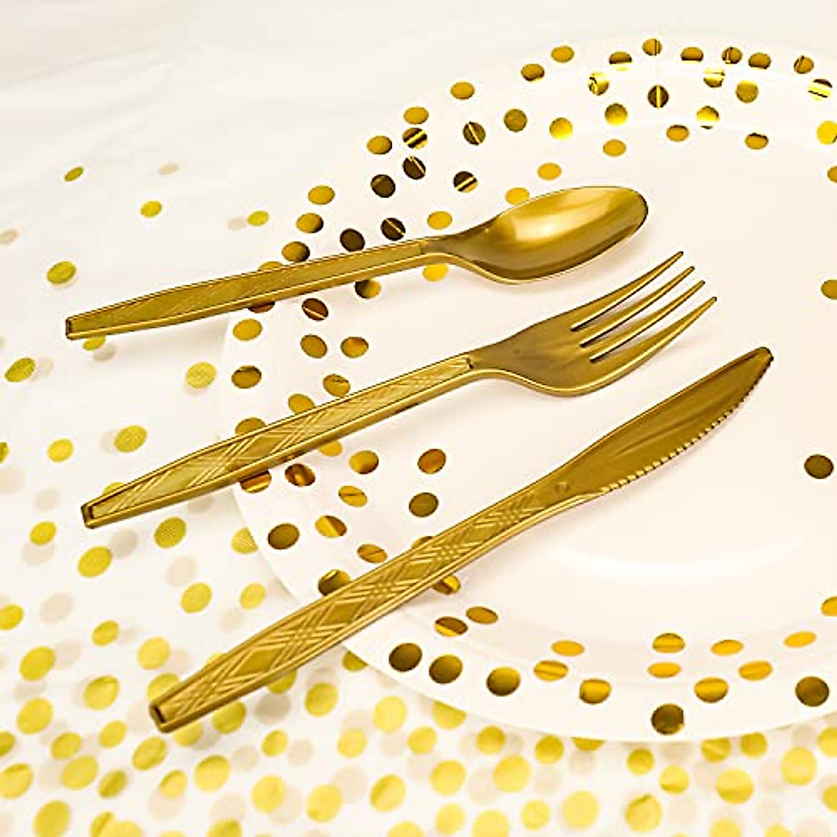 176 Pieces Gold Disposable Party Dinnerware Set &Golden Dot Disposable Party Dinnerware - Black Paper Plates Napkins Cups, Gold Plastic Forks Knives Spoons