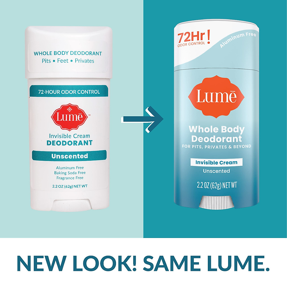 Lume Whole Body Deodorant - Invisible Cream Stick - 72 Hour Odor Control - Aluminum Free, Baking Soda Free, Skin Safe - 2.2 Ounce (Unscented)
