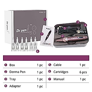 Dr. Pen Ultima A10 - Authentic Multi-Function Wireless Derma Beauty Pen - Trusty Skin Care Tool Kit for Fast Results - 0.25mm 12pins х2 + 36pins х2 + Round Nano x2