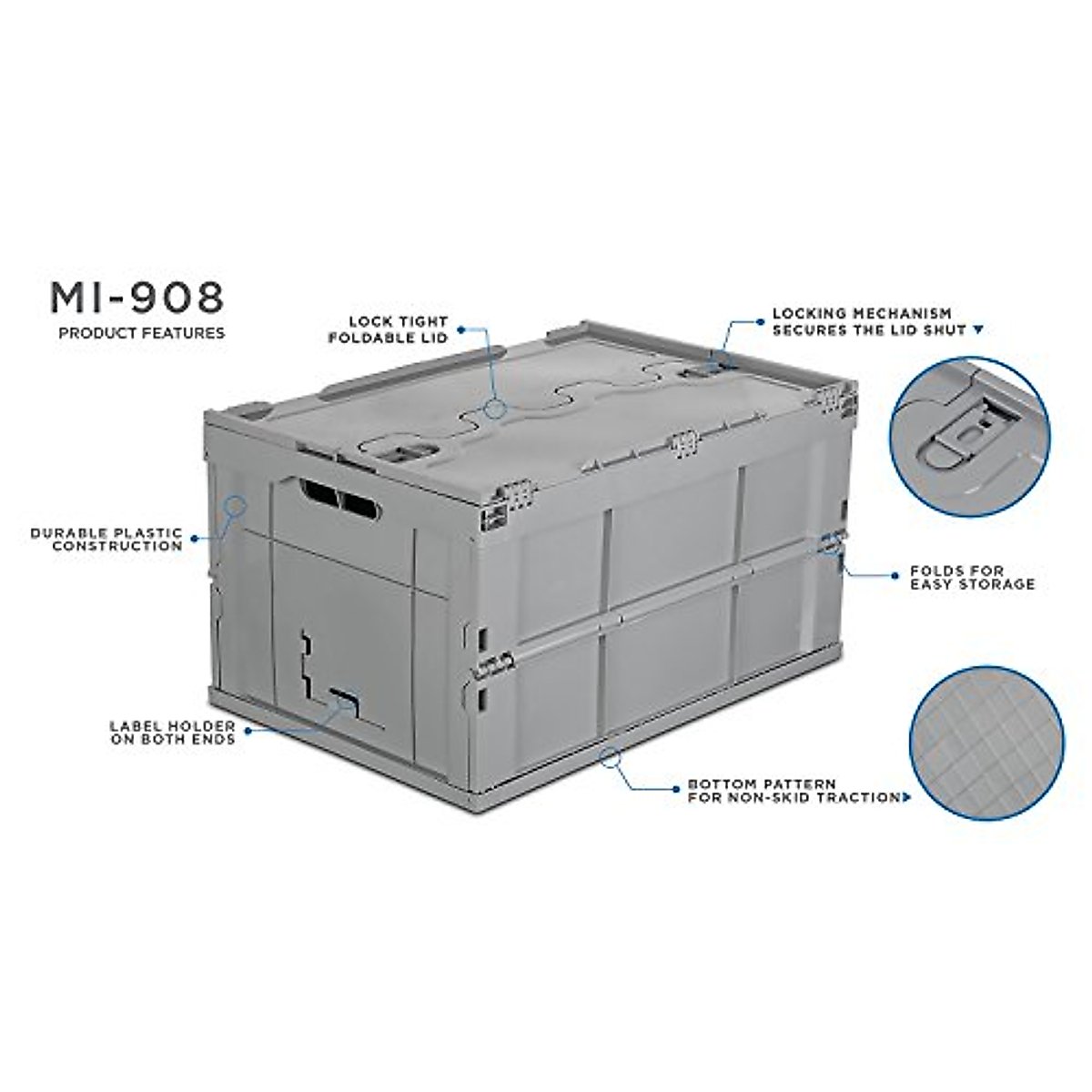 Mount-It! Folding Plastic Storage Crate, PACK OF 3, Collapsible Utility Distribution Container with Attached Lid, 65L Liter Capacity, Gray,