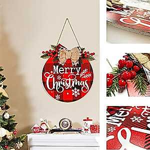 Boltigen Merry Christmas Decorations Sign Front Door Round Wooden Wreath Christmas Hanging Sign Decor for Christmas Home Window Wall Farmhouse Indoor Outdoor Decorations (Style 1)
