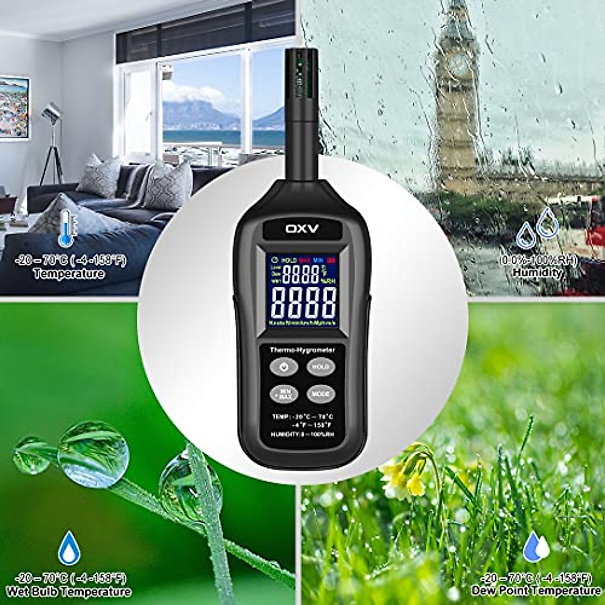 OXV Thermo-Hygrometer Digital Temperature Humidity Meter, Professional Psychrometer with Dew Point and Wet Bulb Temperature Reader,Min/Max Value,Data Hold,Color LCD Display
