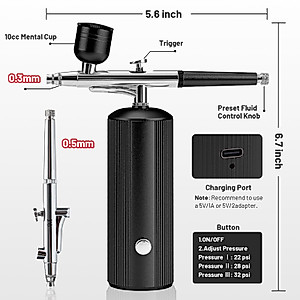Teebloom Airbrush Kit with Compressor - Auto Handheld Cordless Airbrush with 0.3mm and 0.5mm Tip Interchangeable for Painting, Tattoo, Nail Art, Model Coloring, Makeup, Cake