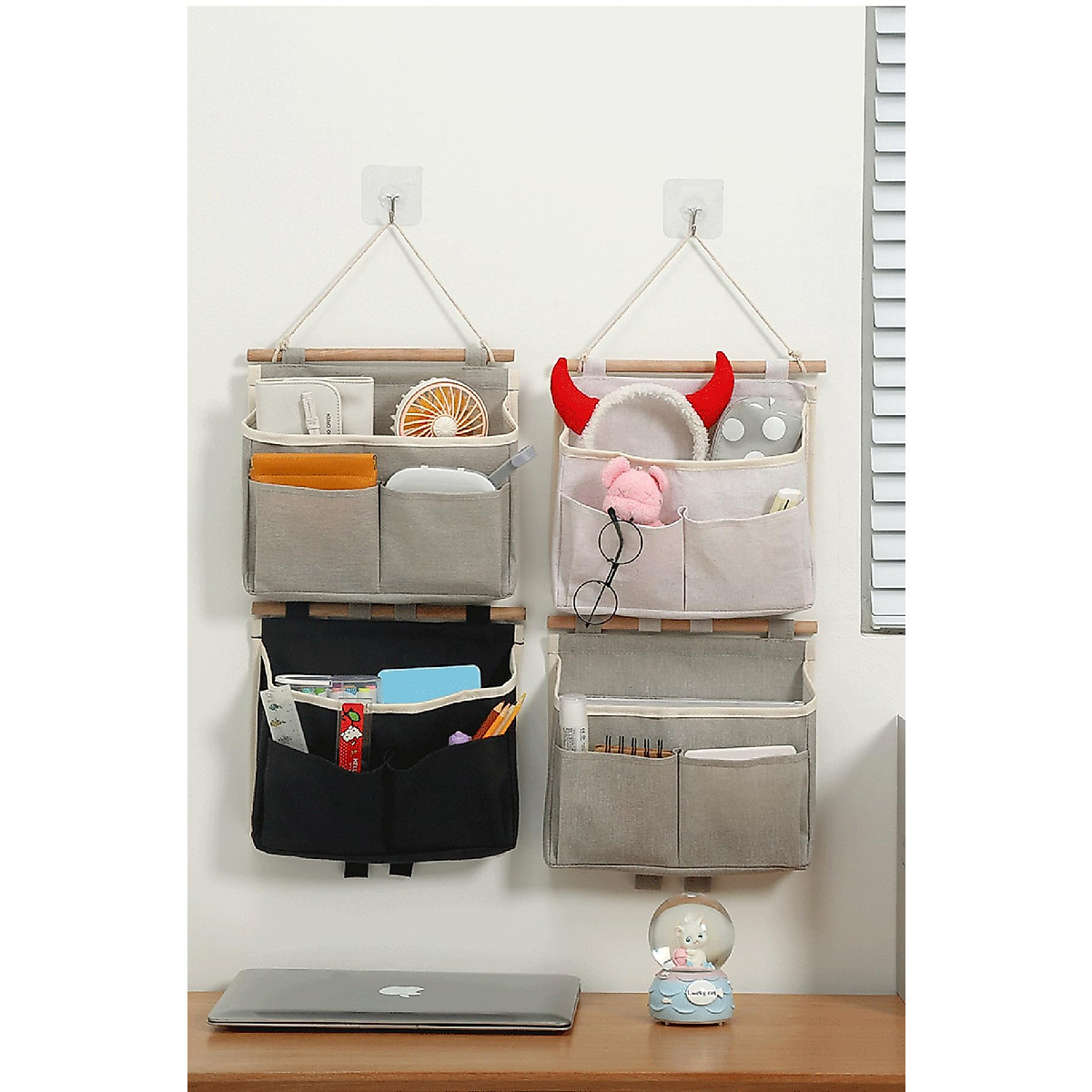 Alunsito Hanging Storage Organiser 2Pcs Waterproof Wall Hanging Bag Linen Cotton Organizer Wall Basket, Closet Hanging Pouch with Hooks for Bedroom Bathroom Kitchen