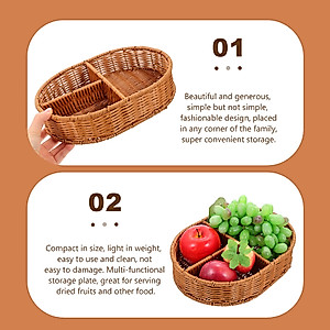 DOITOOL Rattan Serving Tray 3 Compartments Wicker Fruit Bread Basket Woven Ottoman Tray Rustic Cupcake Snack Candy Serving Platter for Appetizer Vegetable Storage