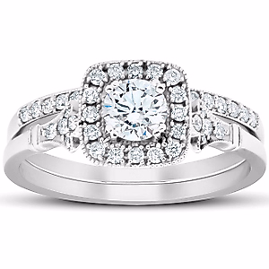 3/4 CT Diamond Cushion Halo Engagement Ring Matching Wedding Band 14k White Gold - Size 6