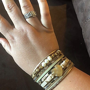 AZORA Leather Cuff Bracelet Multi Strands Beige Wrap Bangle with Pearl Boho Jewelry for Women Christmas Gift