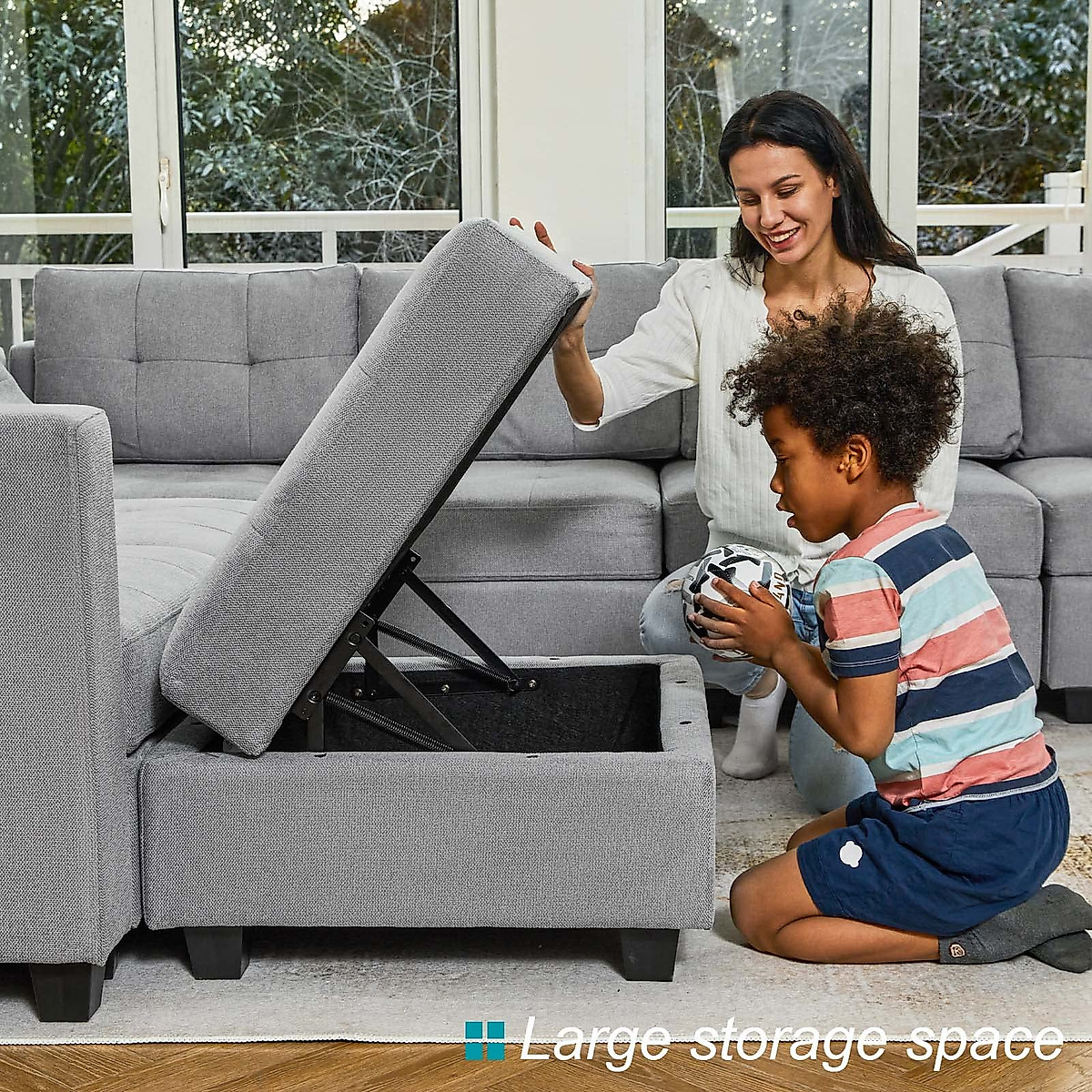 Belffin Modular U Shaped Sectional Sofa Couch with Reversible Chaises 6-seat Sectional Couch with Storage Seat Modular Sectional Set with Ottomans Light Grey