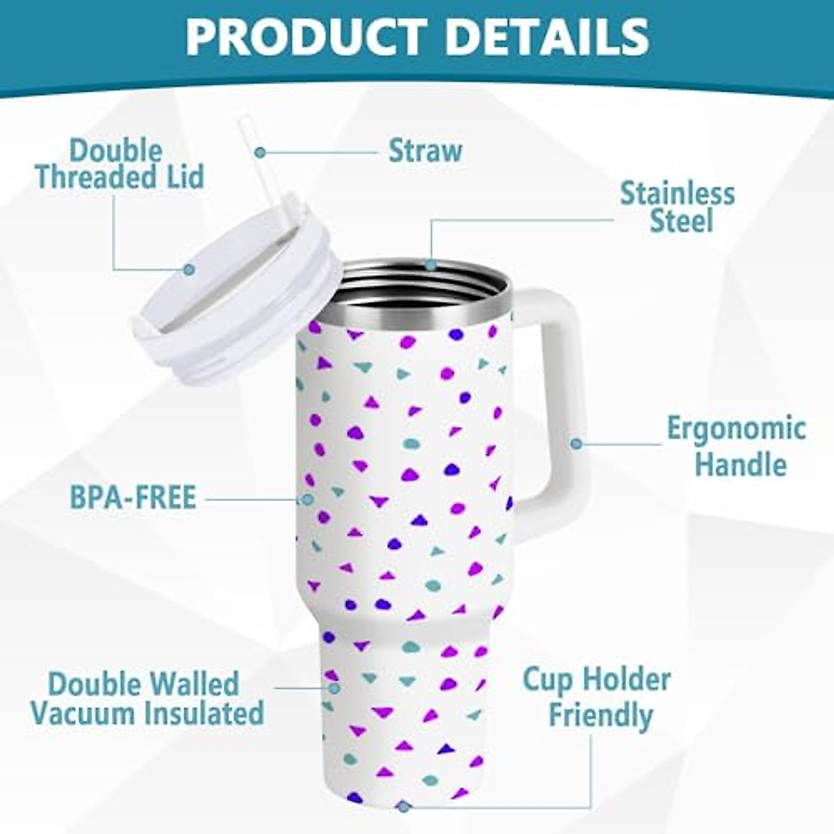 Jihqo Little Triangle Polka Dots 40 oz Stainless Steel Vacuum Insulated Tumbler with Handle and Straw Lid, Leakproof Water Bottle Double Wall Travel Mug Coffee Cup, Cupholder Friendly