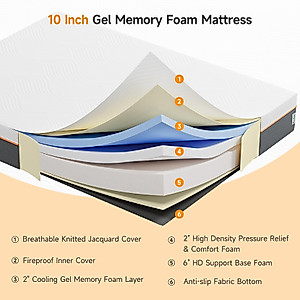 koorlian Full Size Mattress, 10 Inch Gel Memory Foam Mattress for Cooling Sleep & Pressure Relief, Full Bed Mattress in a Box with Breathable Knitted Cover, Fiberglass Free, Orange