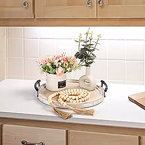 Round Wood Tray/w Wood Bead Garland - 13" Decorative Trays for Home Decor - Round Wooden Tray with Handles - Wooden Round Tray for Kitchen Counter.