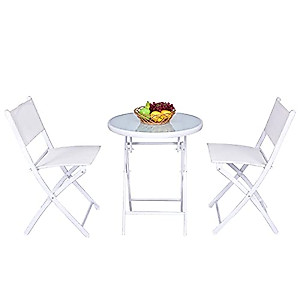 LIRUXUN 3 PCS Folding Bistro Table Chairs Set Garden Backyard Patio Furniture White Loveseat Coffee Table