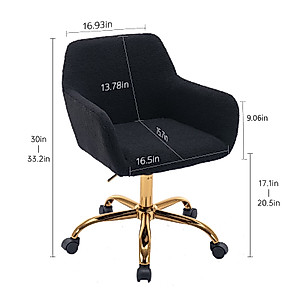 SSLine Faux Fur Vanity Chair Elegant Black Furry Makeup Desk Chairs for Girls Women Modern Comfy Fluffy Arm Chair with Gold Wheels in Bedroom Living Room