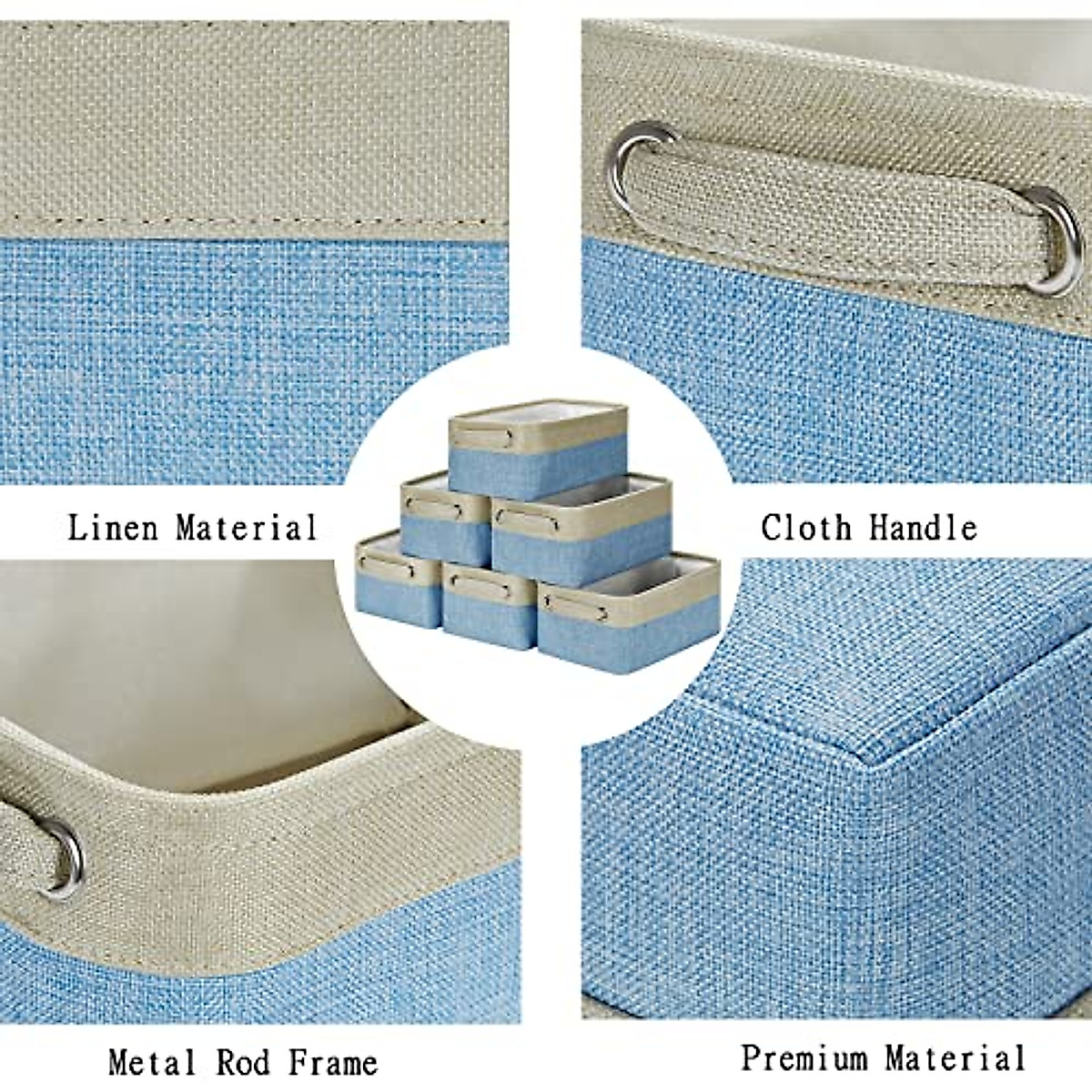 NEYKIOY Small Baskets Fabric Storage Bins 6 Pack Empty Gift Basket Decorative Storage Baskets for Shelves, Bathroom, Small Storage Basket with Handles(11.8" x 7.8" x 5.1"Inches- Beige&Blue)