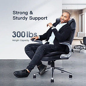 HUANUO Leather Office Chair, Executive Computer Desk Chair, Executive Office Chair with Adjustable Flip-up Arms, Leather Desk Chair with Lumbar Support