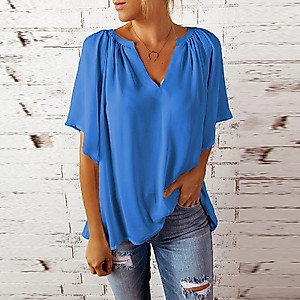 Blouses for Women Dressy Casual Sexy Women's Loose Casual Short Sleeve Chiffon Top V Neck T Shirt Sexy Blouse Blue