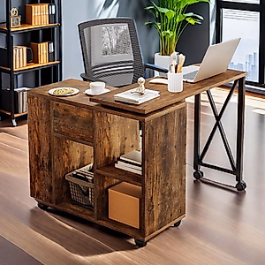 YITAHOME Computer Desk with Drawer, Office Desk with 5 Storage Shelves, 360°Rotating Writing Desk Work Desk for Home Office, Study, Bedroom, Work from Home, Brown