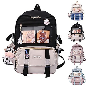 LELEBEAR Kawaii Backpack, Cute Bookbags With Kawaii Pin And Accessories (Black White)