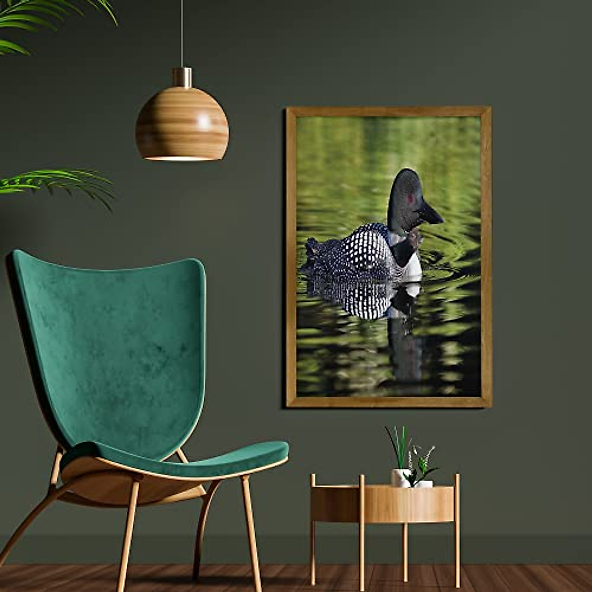 Ambesonne Loon Framed Wall Art, Waterbird Swimming in a Lake in Spring Outdoor Scene, Fabric Poster with Walnut Tone Wood Frame Home Dorm Decor, 23" x 35", Green Dark Grey
