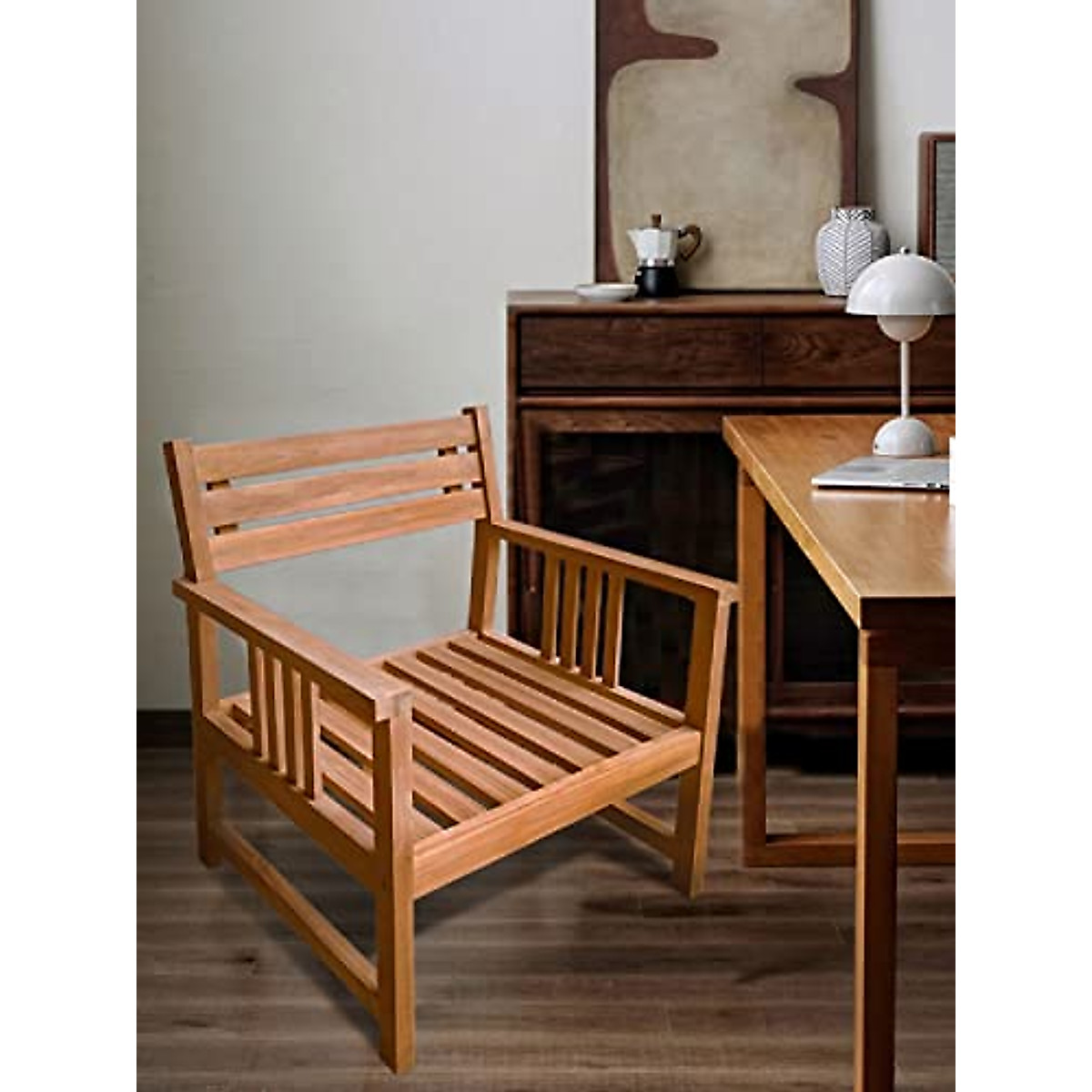 DACOM Golden Teak Outdoor Patio Armchair with Cushions,5cm White Cushion and Solid Teak Wood,Brown