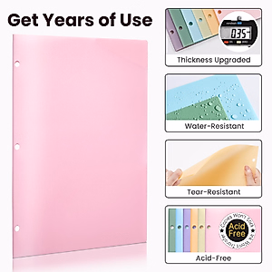 Sooez Plastic Pocket Folders with Reference Guide, 5 Pack Heavy Duty Folders with Pockets, 4 Pocket Folders with Pockets 3 Hole Punched, Stores Well in 3-Ring Binders, 5 Primary Colors