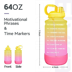 Elvira Half Gallon/64oz Motivational Time Marker Water Bottle with Straw & Protective Silicone Boot, BPA Free Anti-slip Leakproof for Fitness, Gym and Outdoor Sports-Pink/Yellow